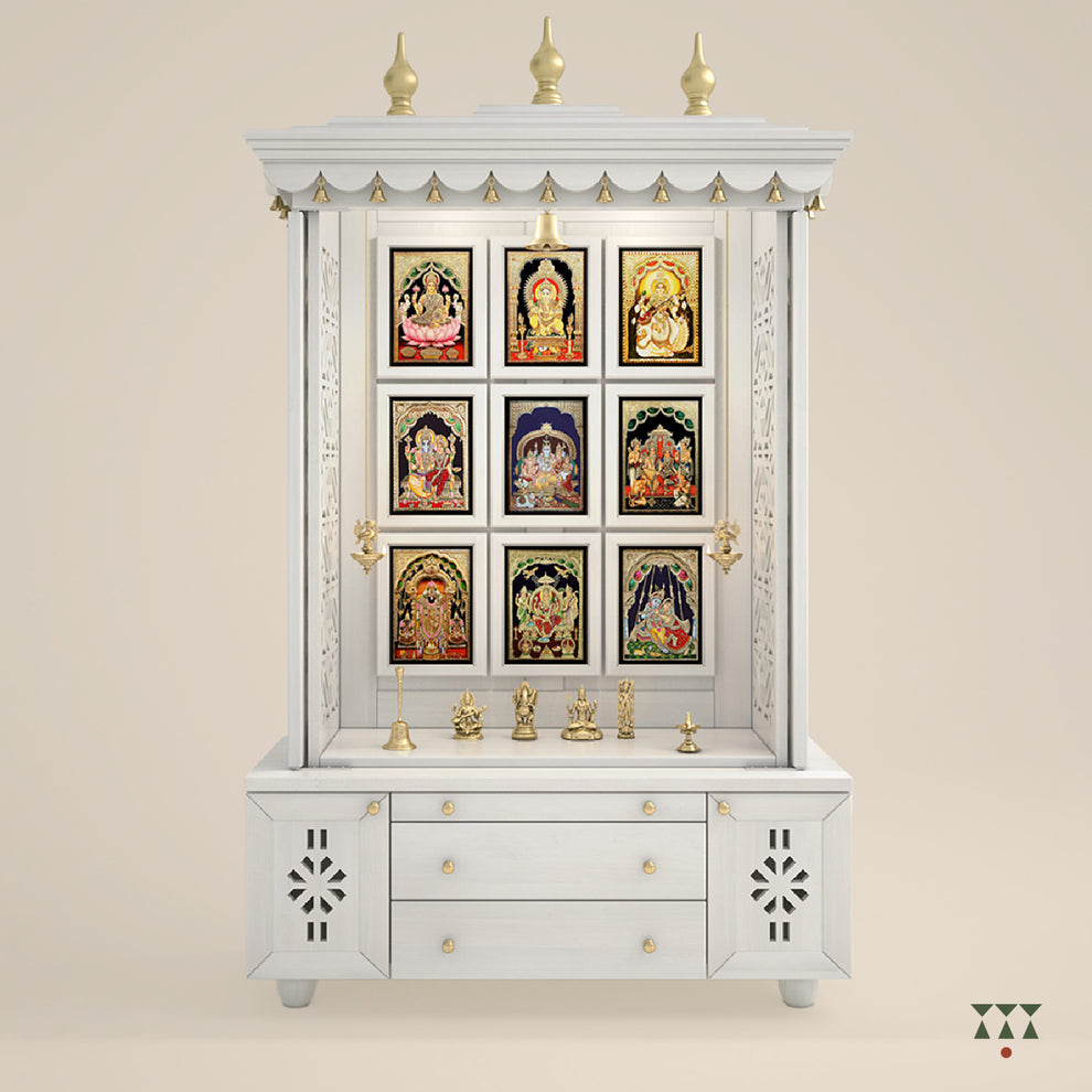 Aath white Home Temple | Wooden temple design for homes in USA - Furnicheer
